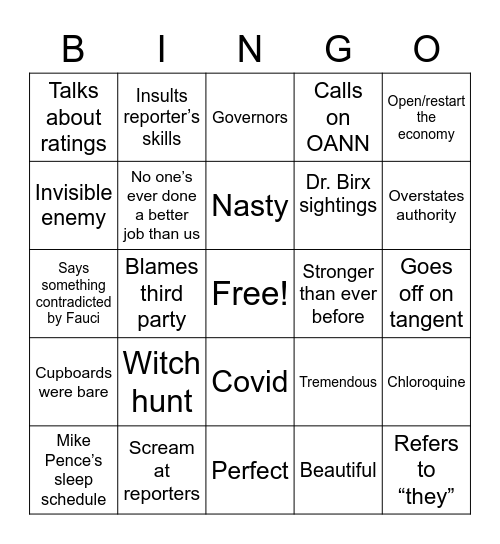 Coronavirus Briefing Bingo Card