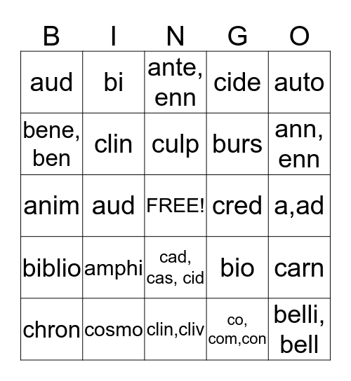 Greek and Latin Root Word Bingo Card