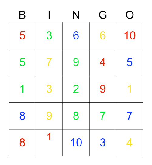 Color & Number Bingo Card