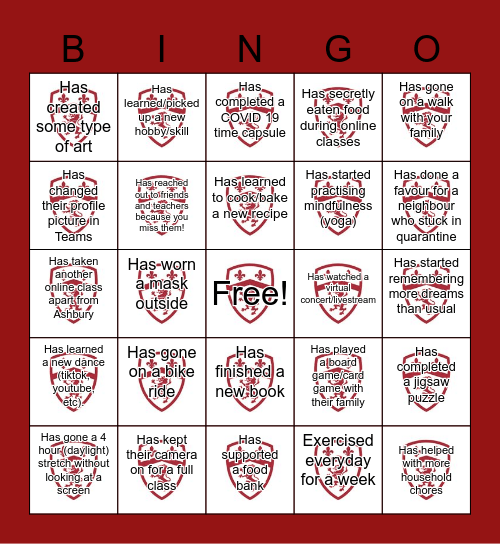 Distance Learning Bngo Bingo Card