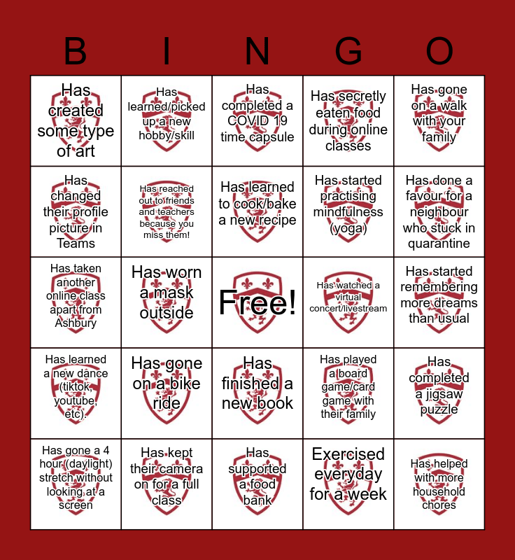 Distance Learning Bngo Bingo Card