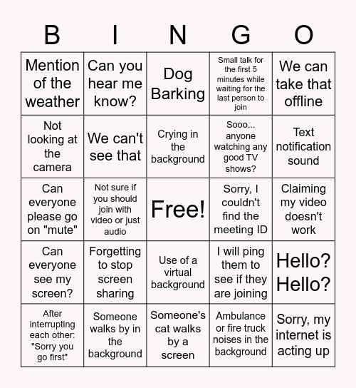 Video Conference Bingo Card