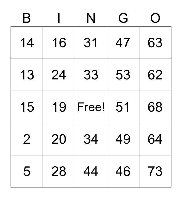 Number Bingo 1 75 Bingo Card Number Bingo 1 75 Bingo Card