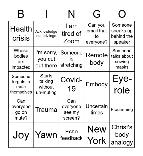 This is my body bingo! Bingo Card