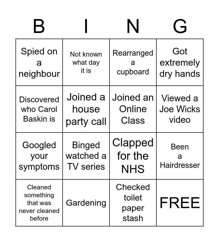 Isolation Bingo Card