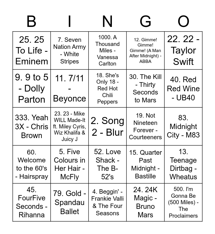 Numbers Bingo Card