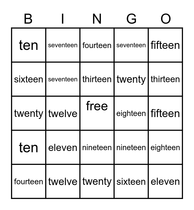 TEEN NUMBER BINGO Card