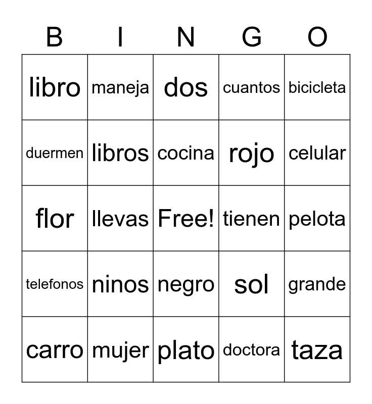 Spanish #2 Bingo Card