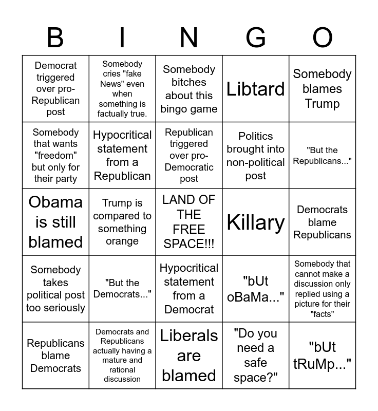 Facebook Political Comment Bingo Card