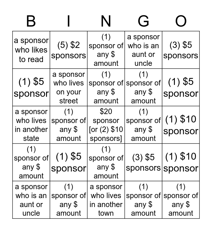 Reach for the Stars!! Sponsor Bingo Card Bingo Card