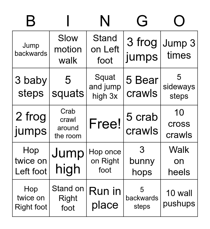 Gross Motor Bingo Card