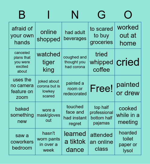 Pandemic Bingo Card