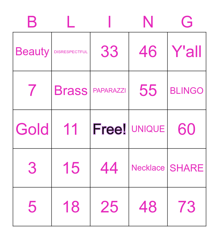 Milah's BLINGO Giveaway Bingo Card