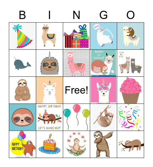 Sloth and Llama Birthday Bingo Card