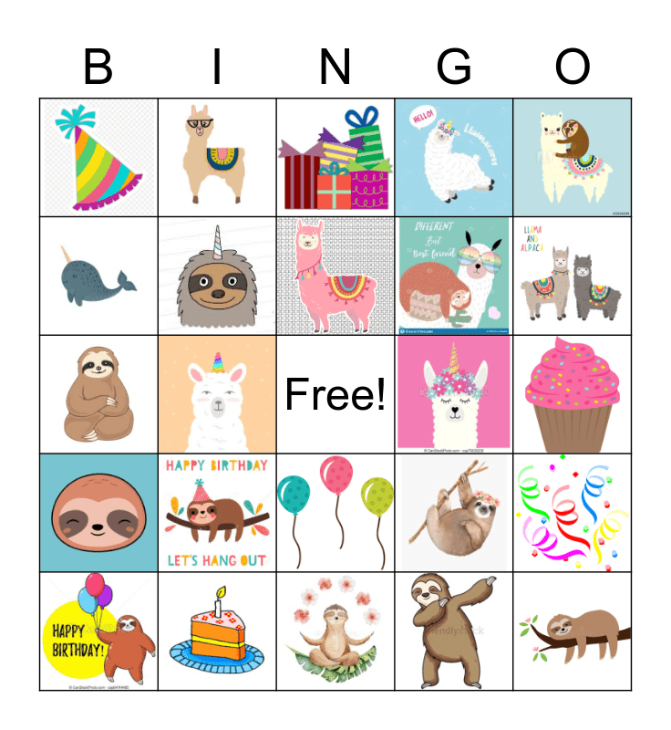 Sloth and Llama Birthday Bingo Card