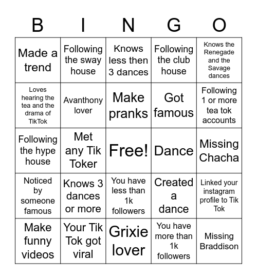 TIK TOK BINGO Card