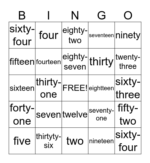 Number Word Bingo Card