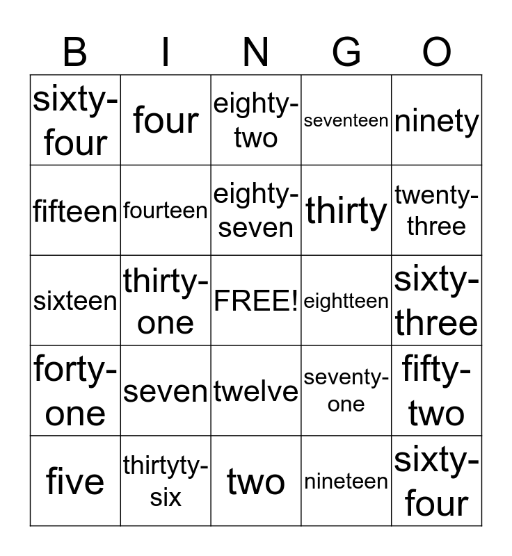 Number Word Bingo Card