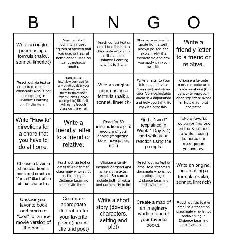Distance Learning Bingo Card