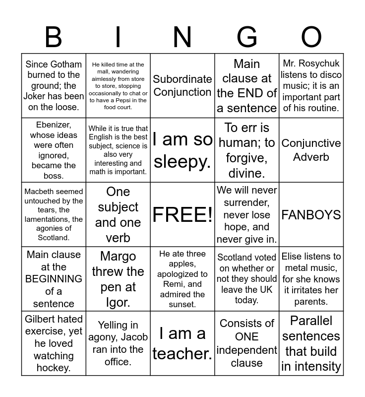 ELA 10-2 Sentence Bingo Card