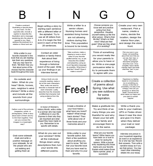 Writing Bingo Card