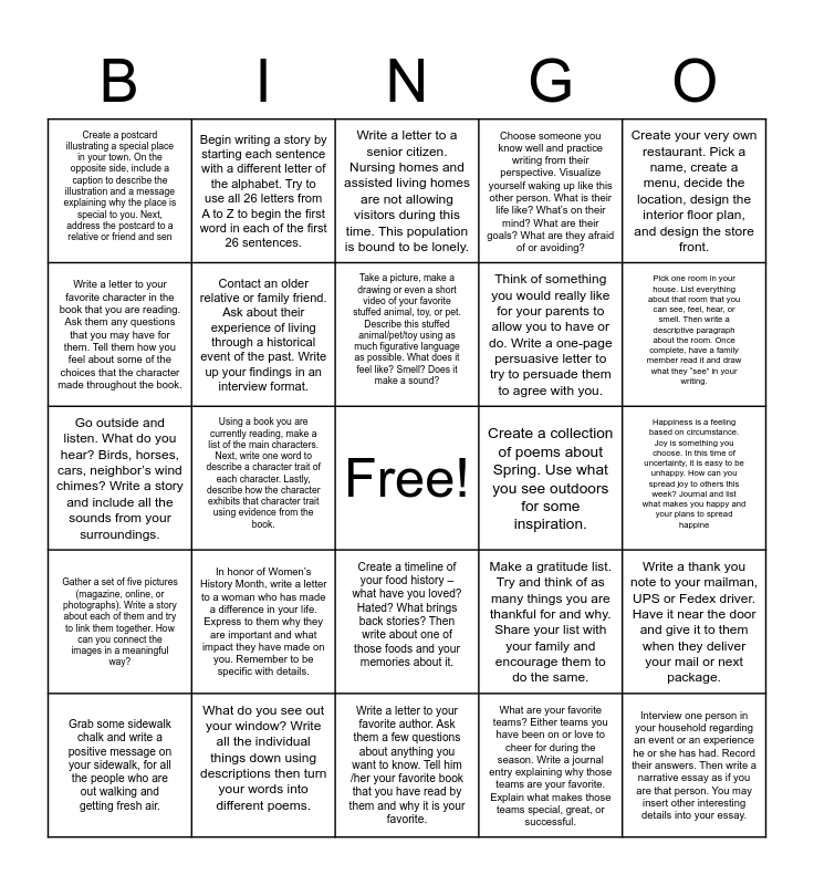 Writing Bingo Card