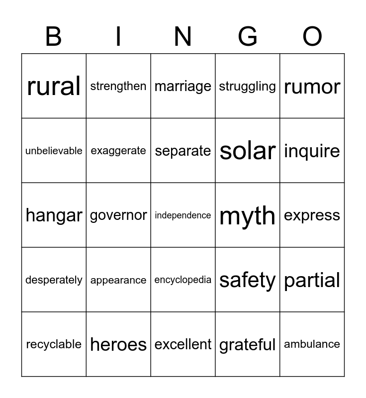 Grade 6 Word Bingo Card