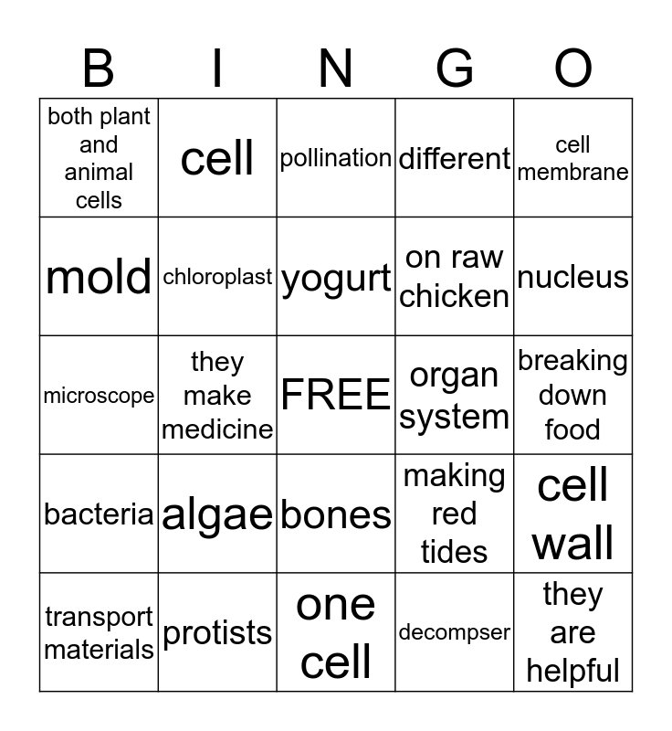 Cells & Microorganisms Bingp Bingo Card