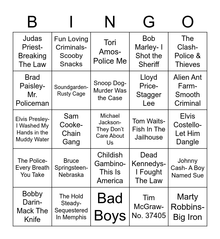 Total-Quiz.com Presents Radio Bingo: Cops & Criminals Bingo Card