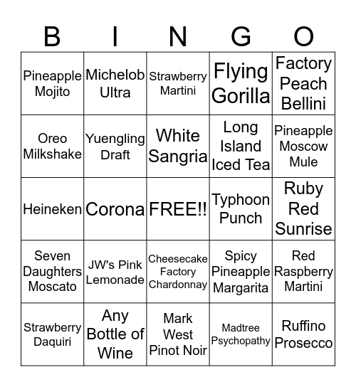 Bar Bingo Card