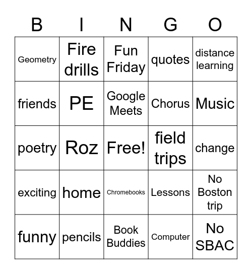 4th Grade Bingo Card