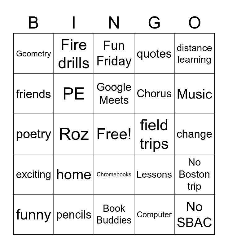 4th Grade Bingo Card