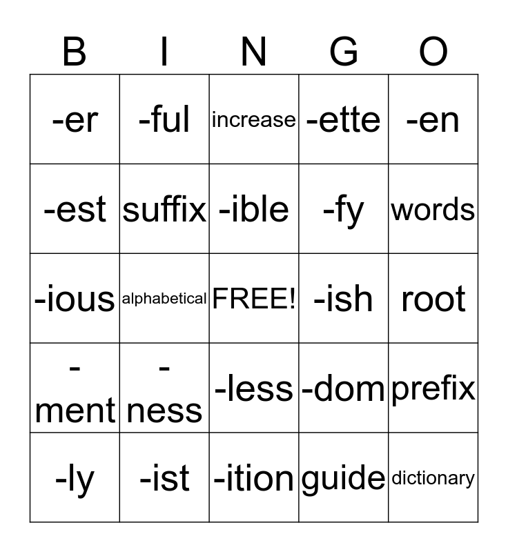 Language Arts Bingo Card