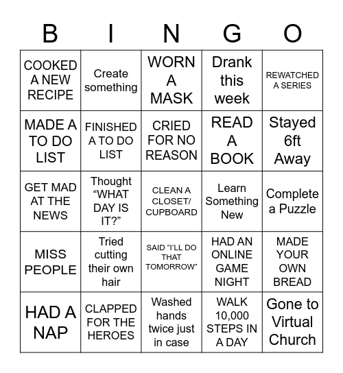 ISOLATION Bingo; Have you... Bingo Card