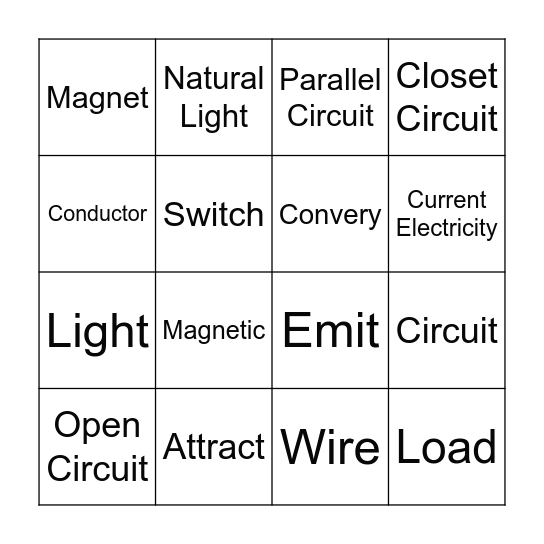 Lights! Electricity! Magnetism! Bingo Card