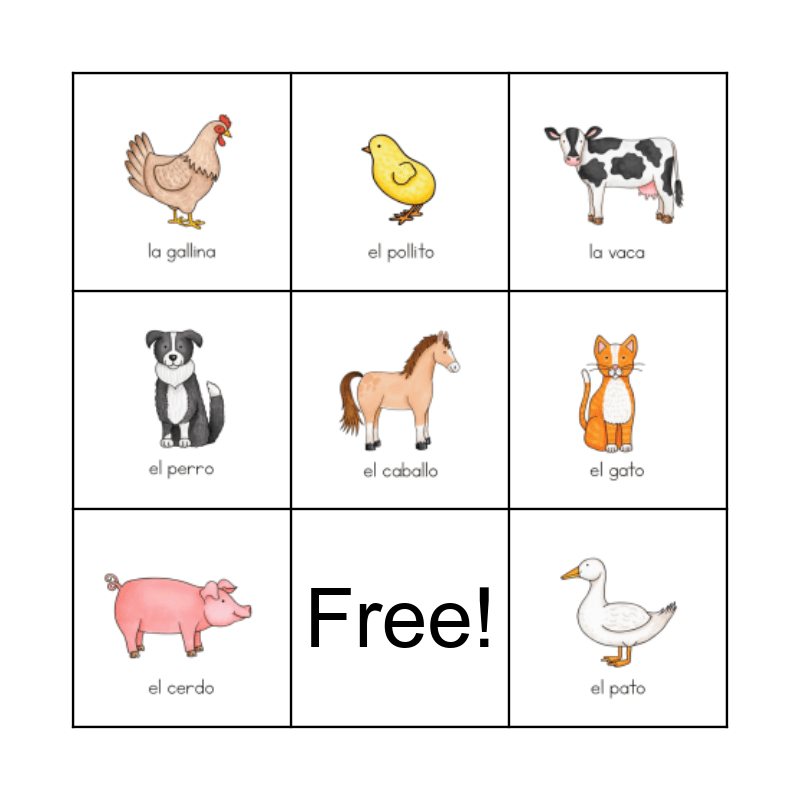 Animales de la Granja Bingo Card
