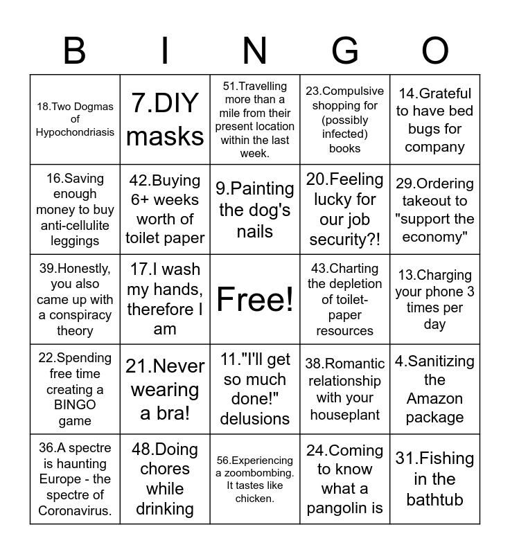 Quarantine Bingo Card