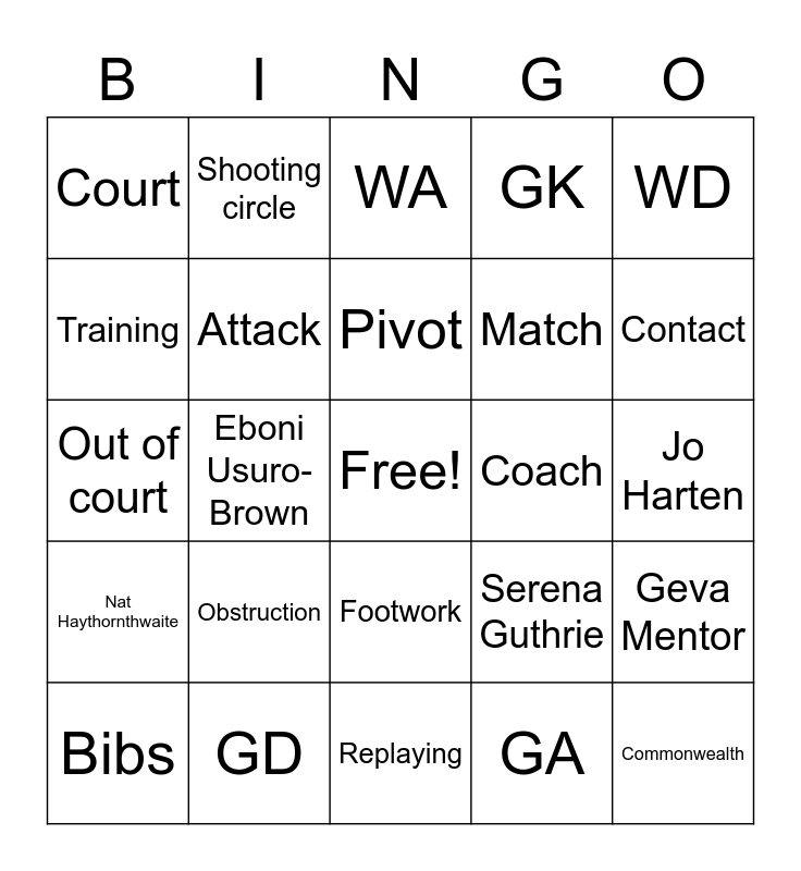 Netball Bingo Card
