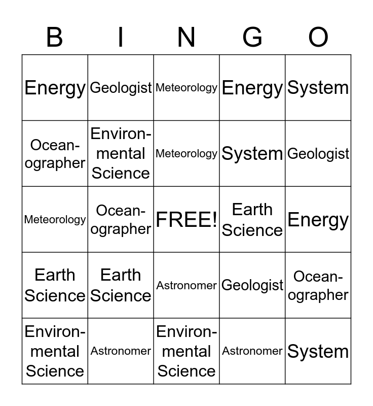 Earth Science Bingo Card