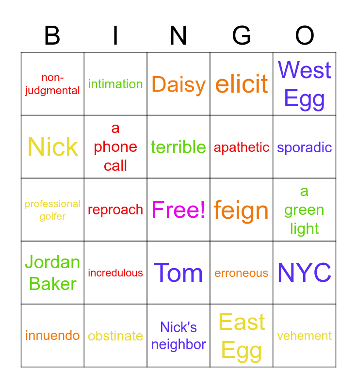 Gatsby Ch. 1 and Vocab Bingo Card