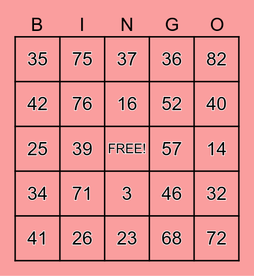 50/50 BINGO Game 1 Bingo Card
