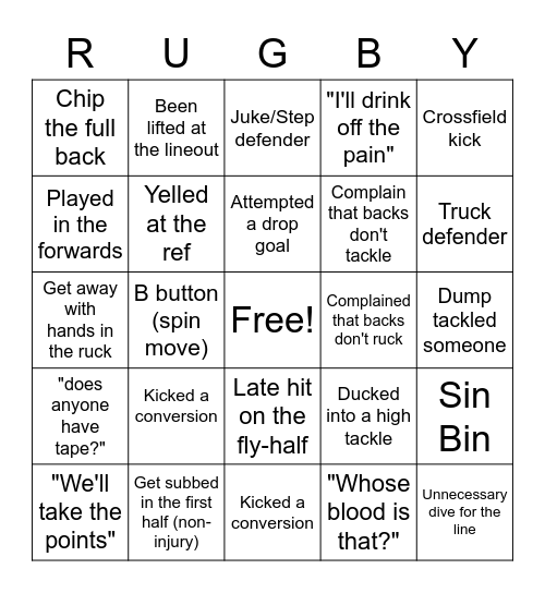 Rugby Bingo Card