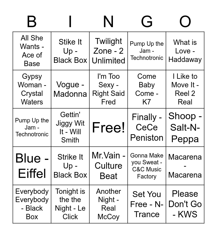 1990 s Club Hits Bingo Card 1990 s Club Hits Bingo Card