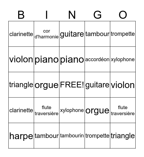 BINGO MUSIQUE Bingo Card