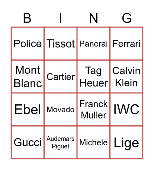 Favourite Brand Bingo Card