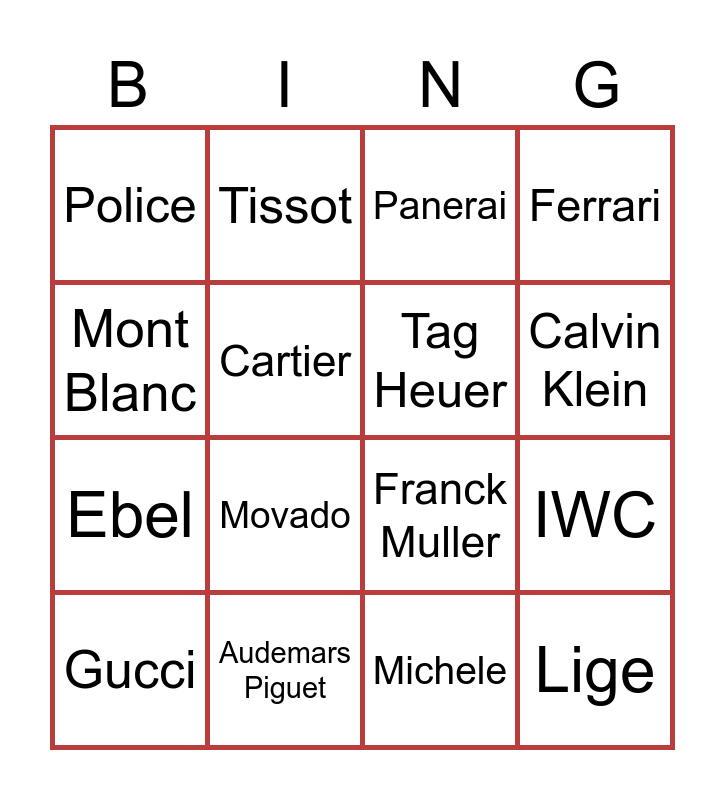 Favourite Brand Bingo Card