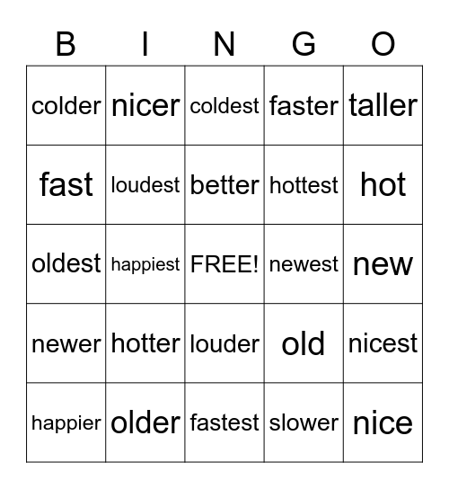 Comparative and Superlative Adjectives Bingo Card