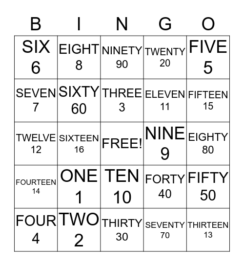 Numbers Bingo Card