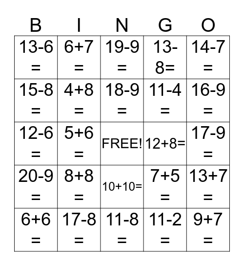 Addition/Subtraction Bingo Card
