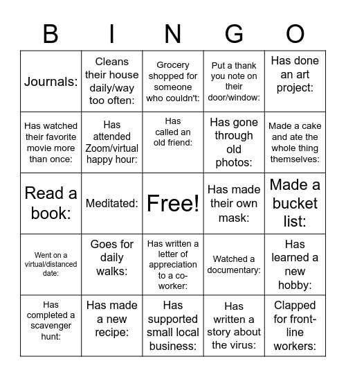 George Hull Social Distancing Bingo Card